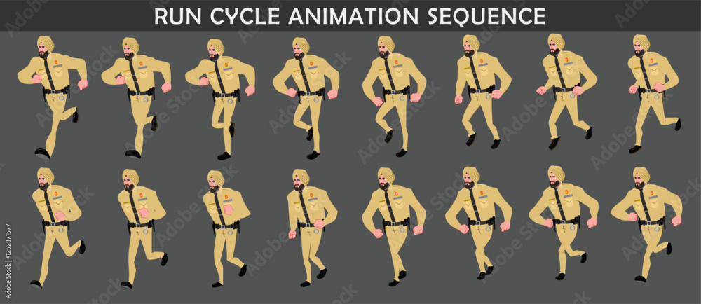 Police Officer Character Run cycle animation sequence. Front three ...