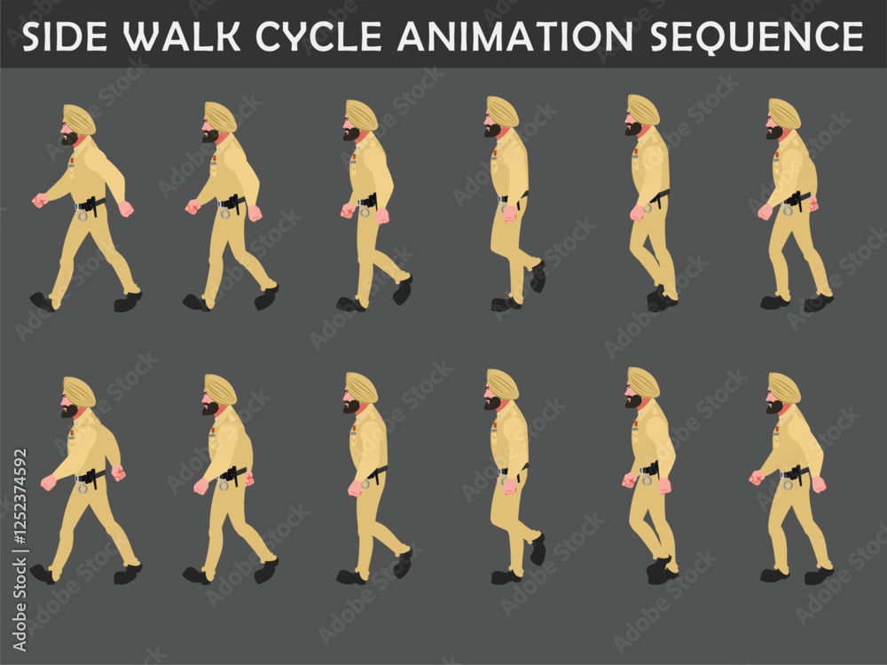 Police Officer Character walk cycle animation sequence. Side walk frame by frame animation ...