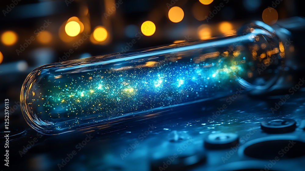 Sparkling blue and green particles inside a clear test tube glowing ...