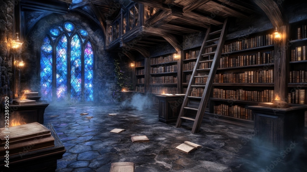 Mystical Library with Bookshelves and Colored Stained Glass Windows ...
