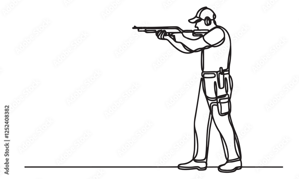 One continuous single drawing black line art doodle of shooter is ...