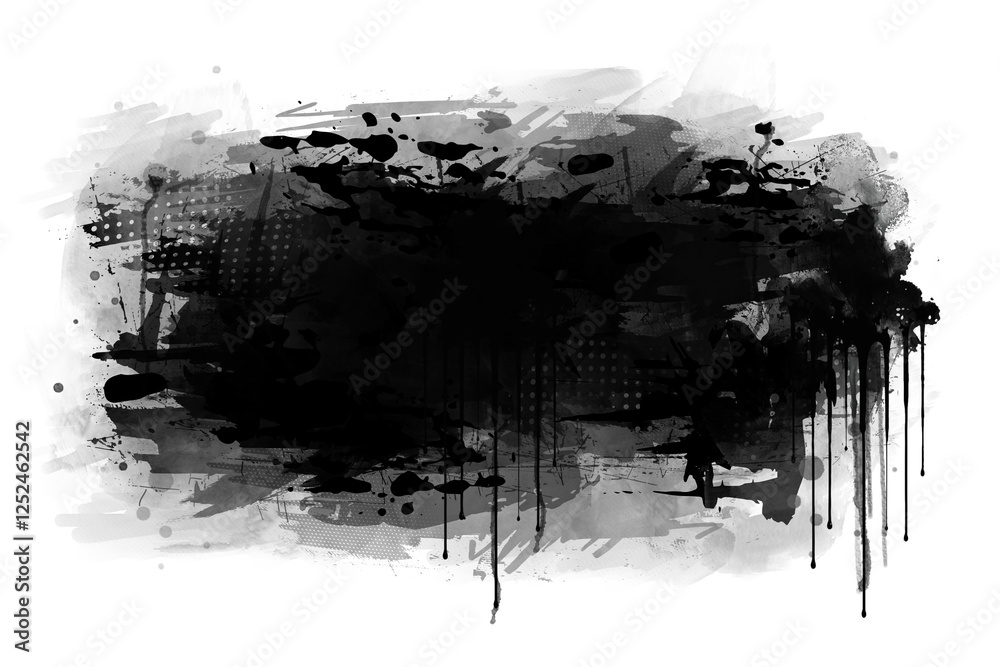Black graffiti spray paint frames, ink splatters, and drips create a ...