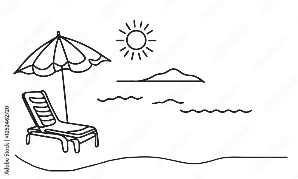 One continuous single drawing black line art doodle of beach sunbed ...