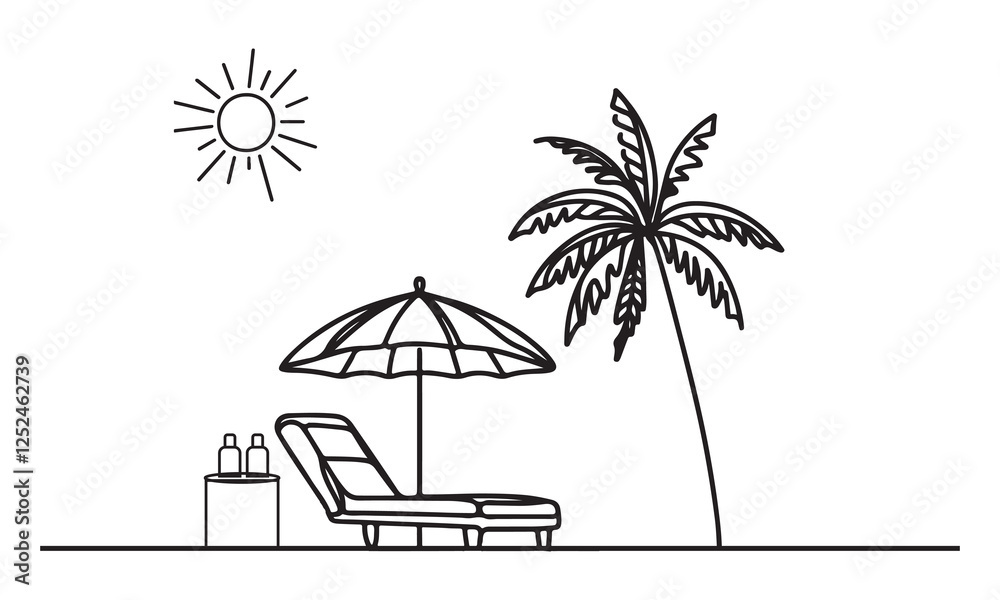 One continuous single drawing black line art doodle of beach sunbed ...
