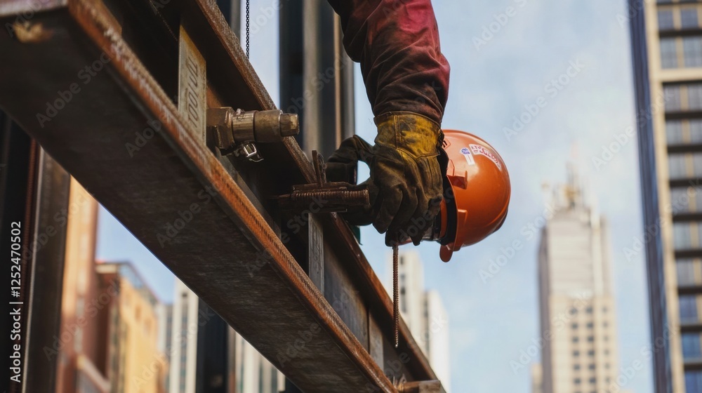 A close-up of an ironworker bolting structural steel beams together at ...