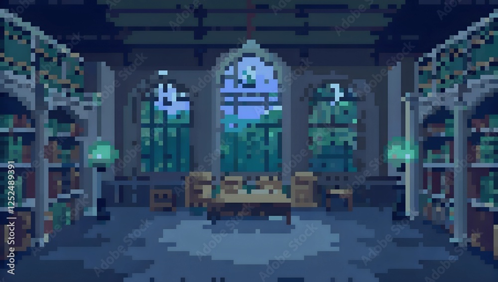 Vintage library with bookshelves and window view at night pixel art ...