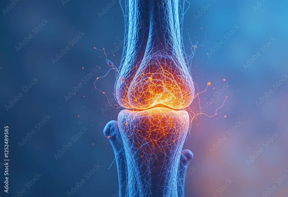 Digital illustration of a human knee joint affected by gout, depicting ...