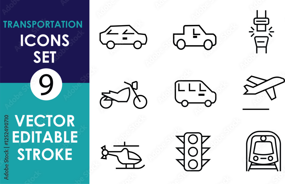 The image displays a set of 9 black outline transportation icons ...