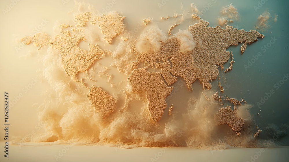 World map made out of sand particles floating in mid air over a light ...