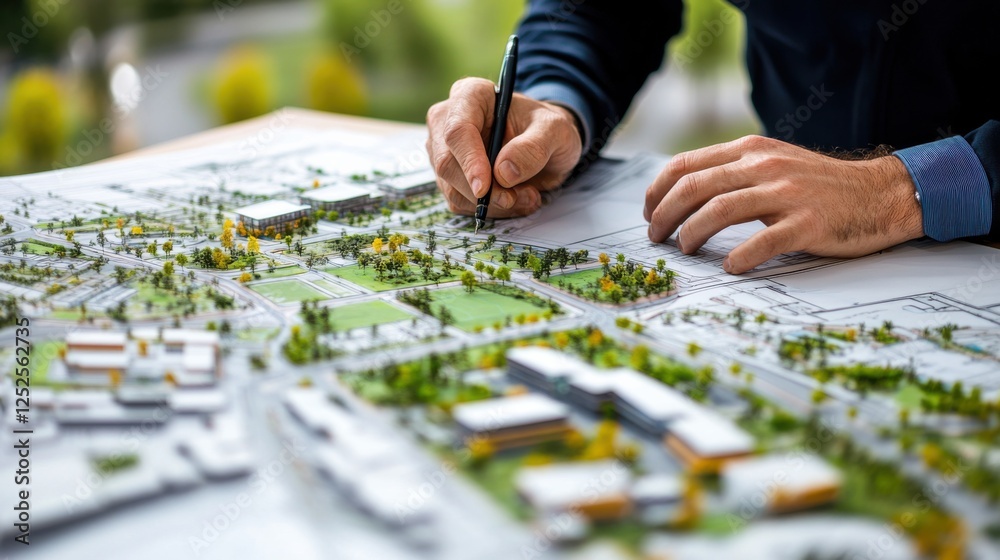 A detailed shot of an urban planner reviewing plans for a sustainable ...