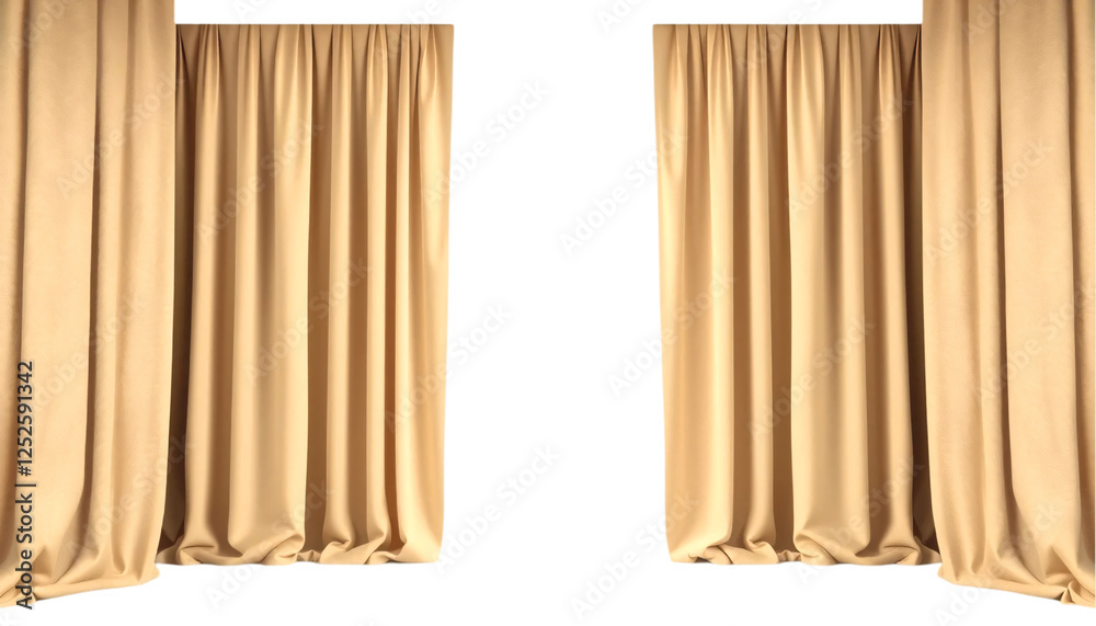 Elegant Light Beige Curtains Open to a Blank Space. Full-length shot of ...