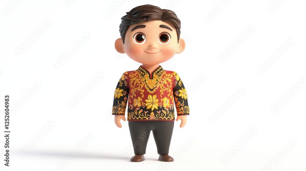 a 3D cartoon character in Filipino barong tagalog, formal embroidered ...