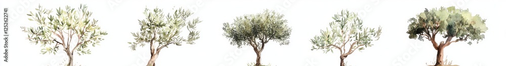 Five olive trees growth stages, white background, design element Stock ...