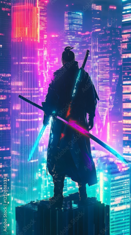 Cyberenhanced samurai a tech katana standing atop a skyscraper Neon ...