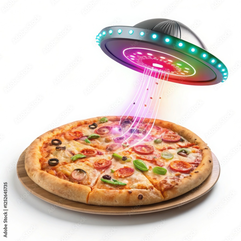 futuristic pizza with holographic toppings and UFO theme, featuring ...