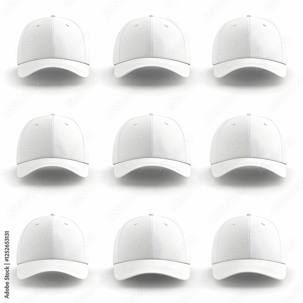 Nine white baseball caps, mockup, studio shot, white background, design ...