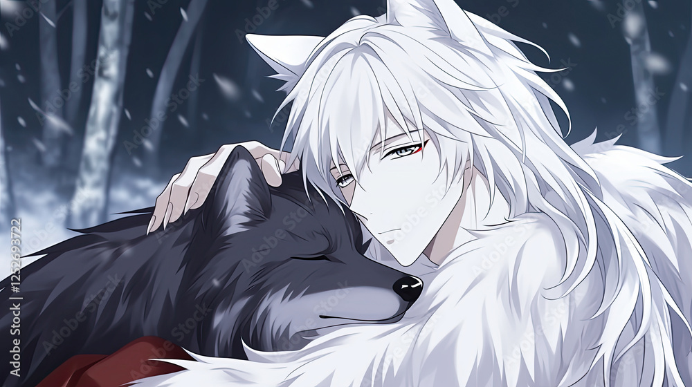 White haired girl embracing a black and white wolf with an anime wolf ...