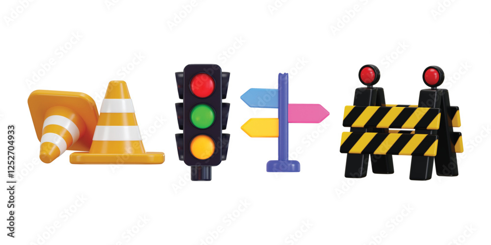 Traffic controller icon 3d render of traffic cone, traffic light and ...
