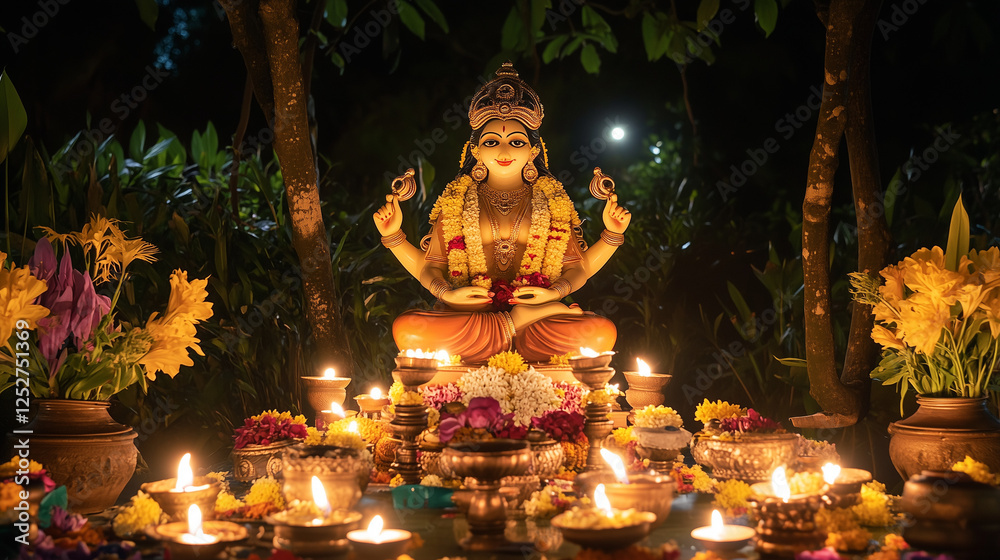 Gauri Puja night, the statue of Goddess Gauri shining with candlelight ...