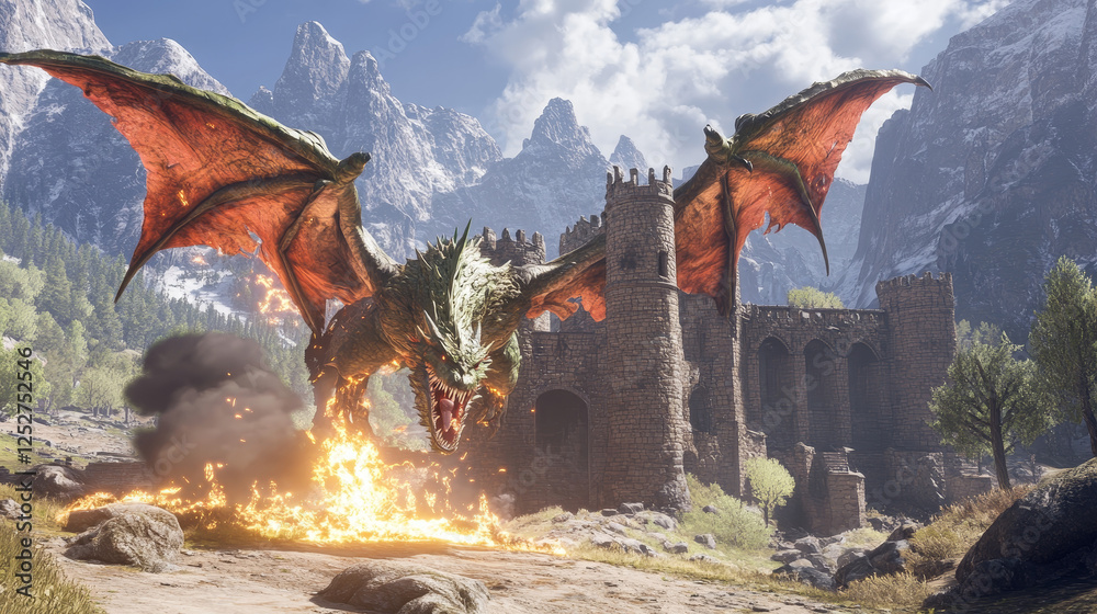 Fairy tale fire breathing dragon attacks magic castle in mountain ...