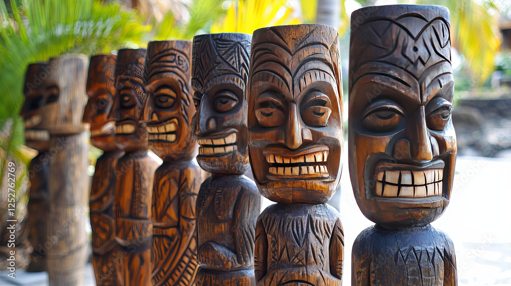 Tiki masks, wooden hawaiian tribal totem with god face. Vector cartoon ...