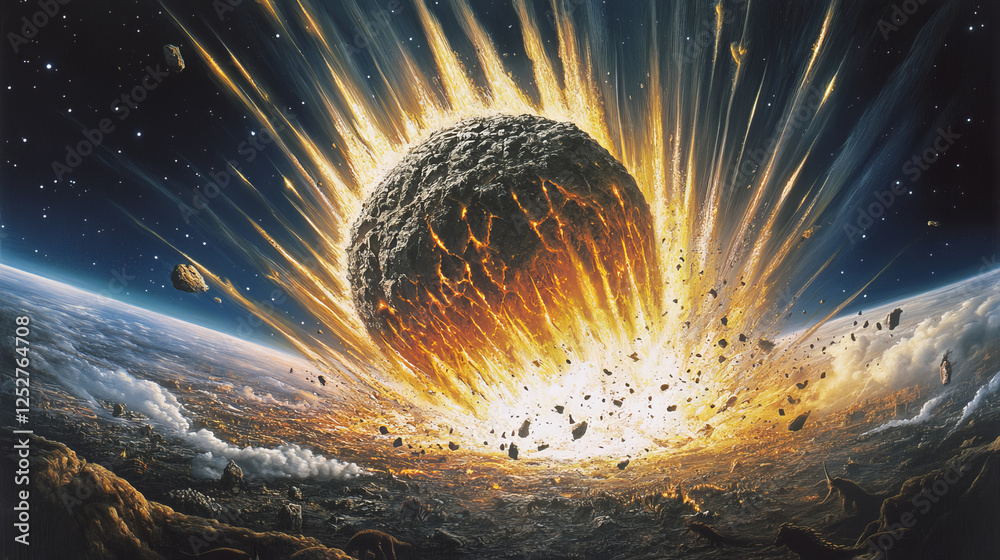 Dinosaurs extinct with meteorite falling on Earth. Asteroid explosion ...