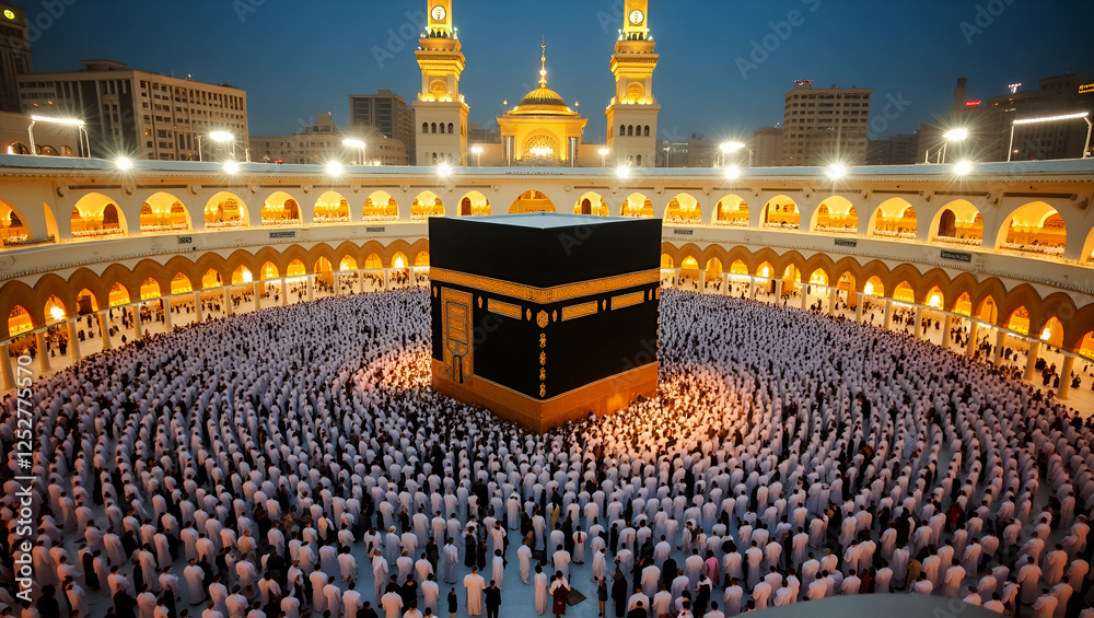 Majestic Evening View of the Holy Kaaba, Devotees Performing Tawaf ...