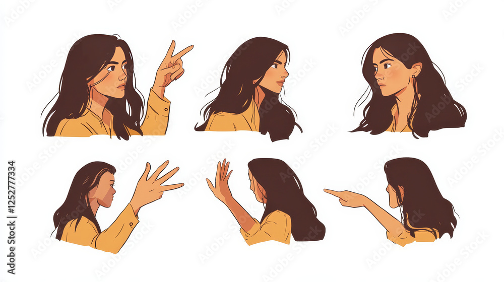 Cartoon woman hand gesture illustration set. Isolated human arm finger ...