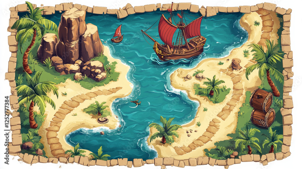 Pirate game map. Vector cartoon illustration of tropical islands with ...
