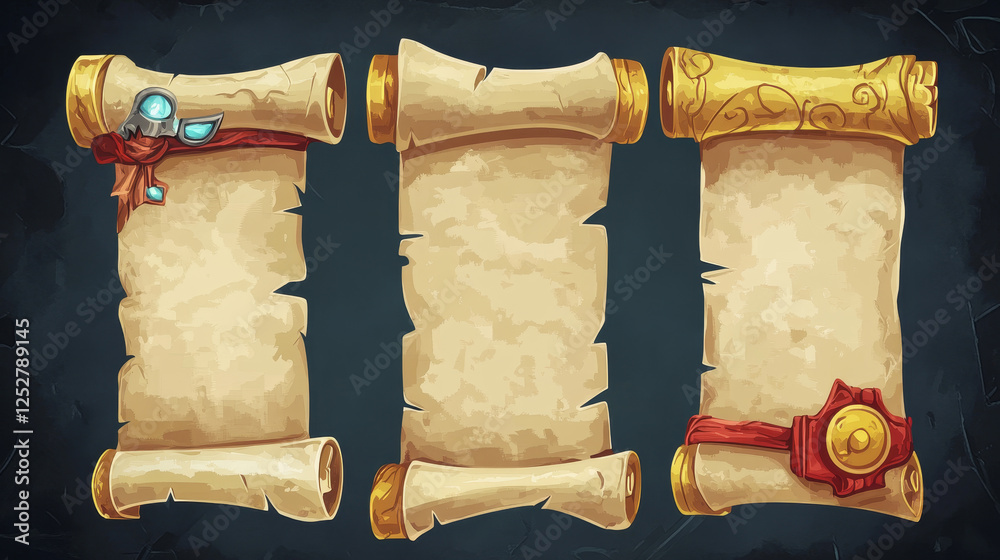 Old magic parchment paper scroll game ui icon. Ancient medieval papyrus ...