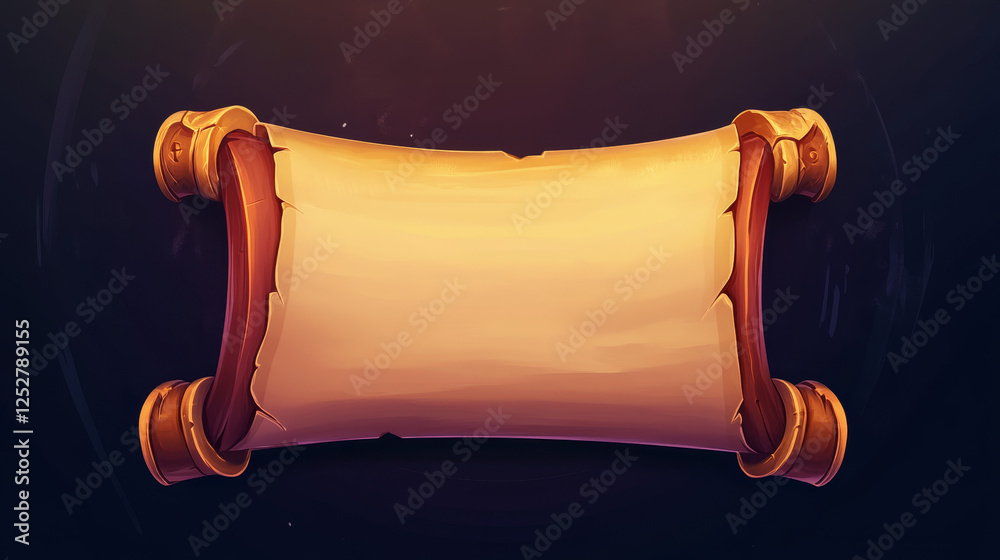 Old magic parchment paper scroll game ui icon. Ancient medieval papyrus roll frame for fantasy ...