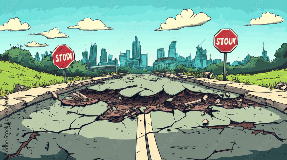 Old broken road to city with cracks in asphalt and stop sign. Vector ...