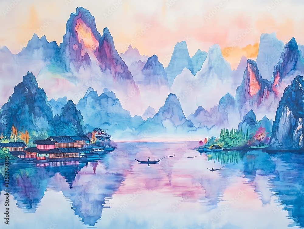 misty mountains, lake, fog, chinese village boats and houses on water ...