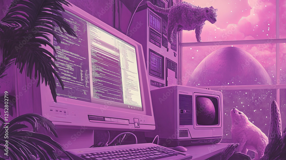 Purple and pink y2k retro style poster design template with old ...