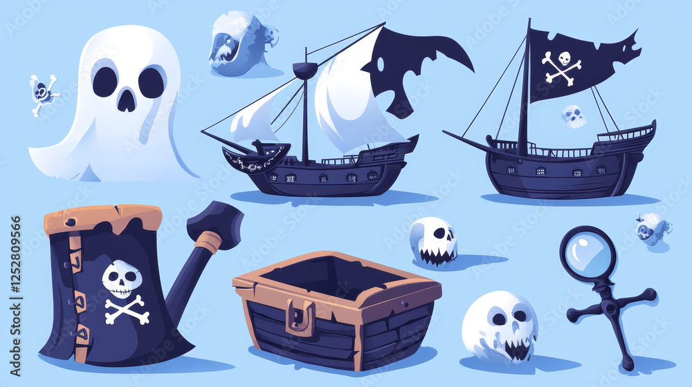 Ghost ship set with pirate, treasure chest and black jolly roger flag ...