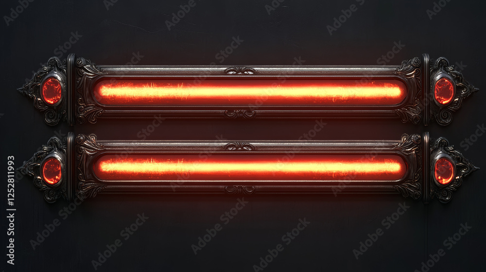 Progress bar loading steps with flourish decorated metal frame with red ...