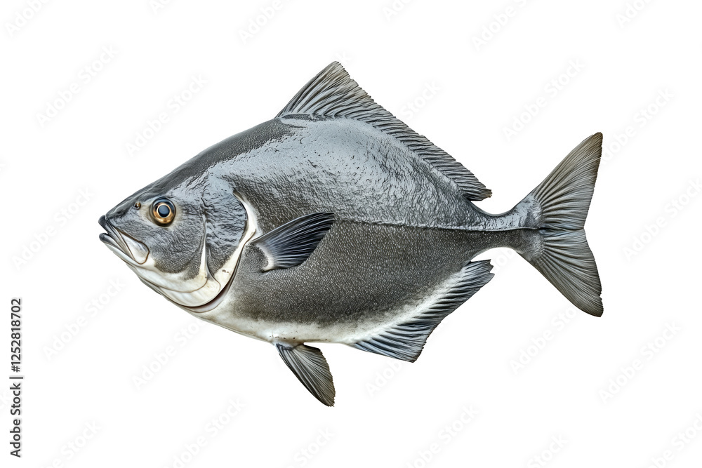 Detailed closeup of Pacific Halibut fish with shiny scales, fins and ...