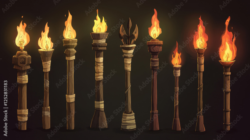 Cartoon set of burning and extinct torches isolated on background ...
