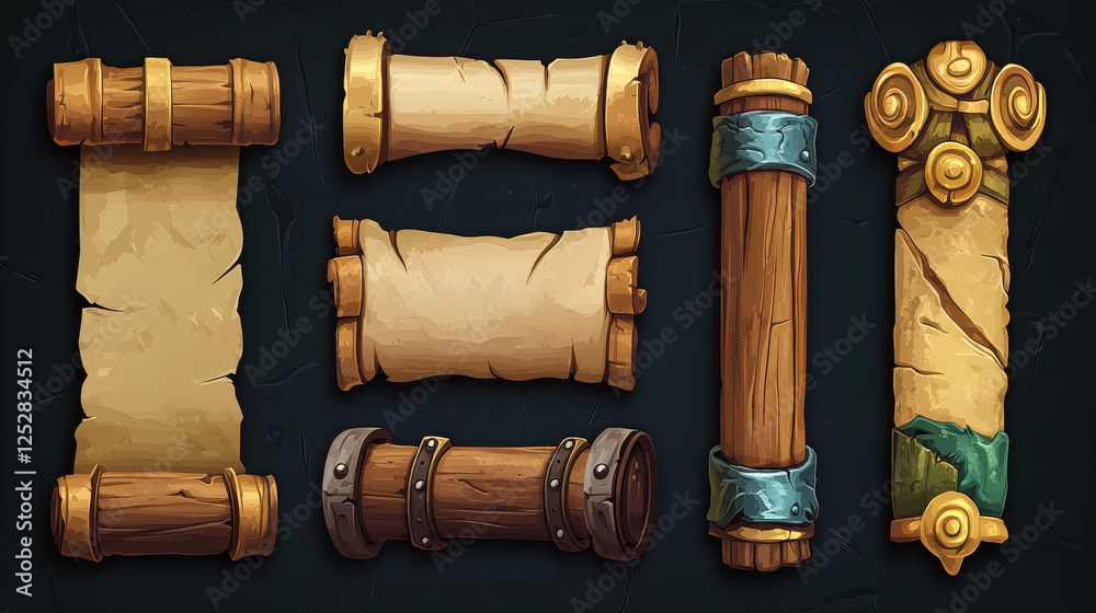 Parchment scroll for game ui design. Cartoon vector illustration set of ...