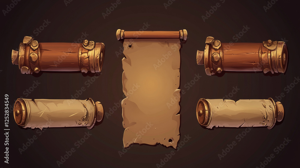 Parchment scroll for game ui design. Cartoon vector illustration set of rolled empty old papyrus ...