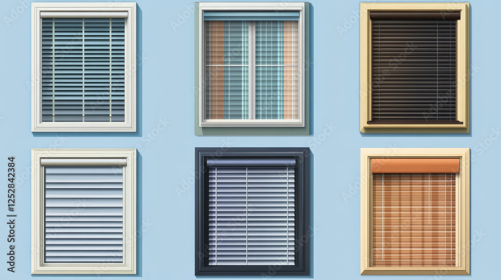 Windows with jalousie and roller shutter curtains. Plastic pvc single ...