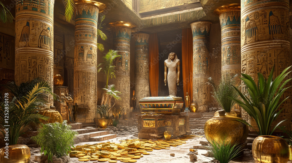 Egyptian pharaoh tomb with columns and mummy in sarcophagus on stone ...