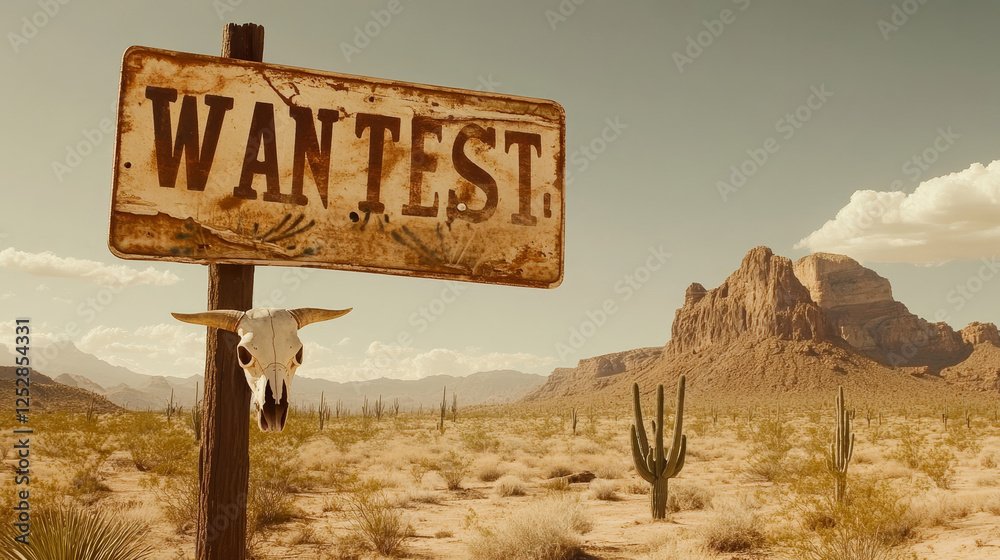 American desert landscape with wanted poster and bull skull on pole ...