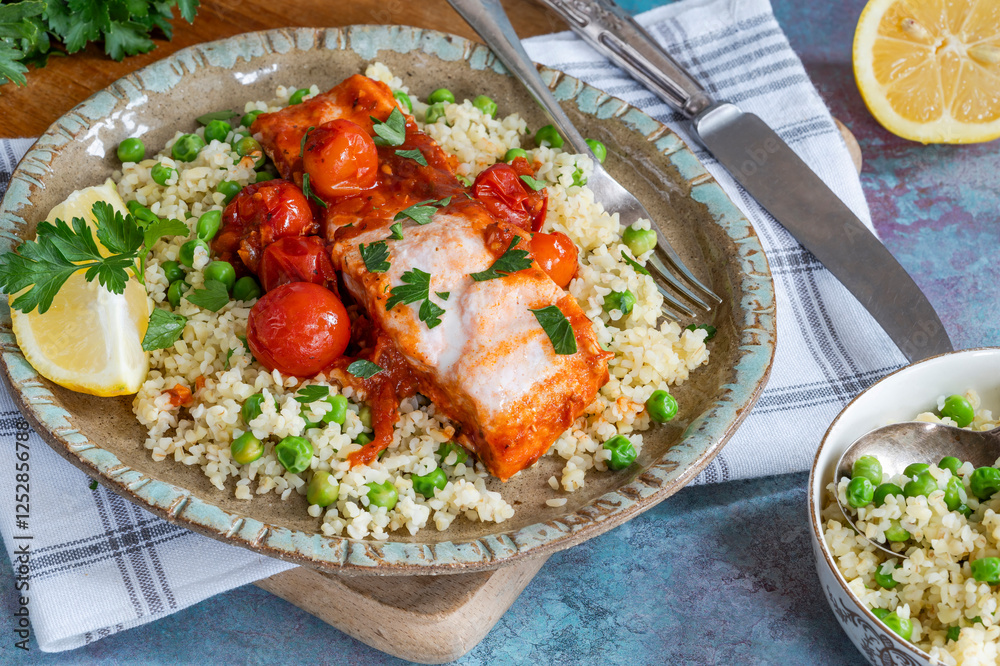 Harissa salmon with bulgur wheat, cherry tomatoes and green peas Stock ...