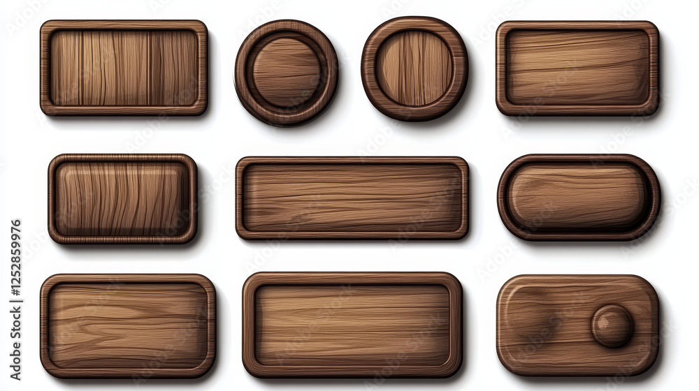Wooden buttons and boards for ui game, gui elements isolated on white ...