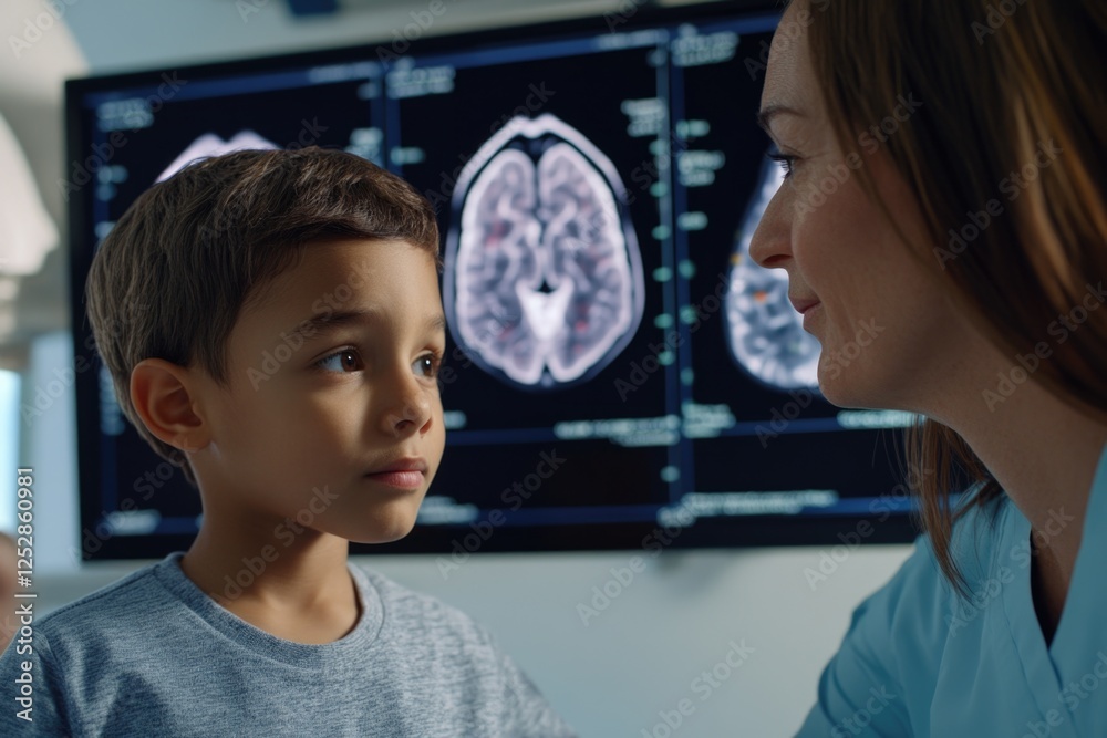 MRI scan in progress. Radiologist explains to a young child what the ...