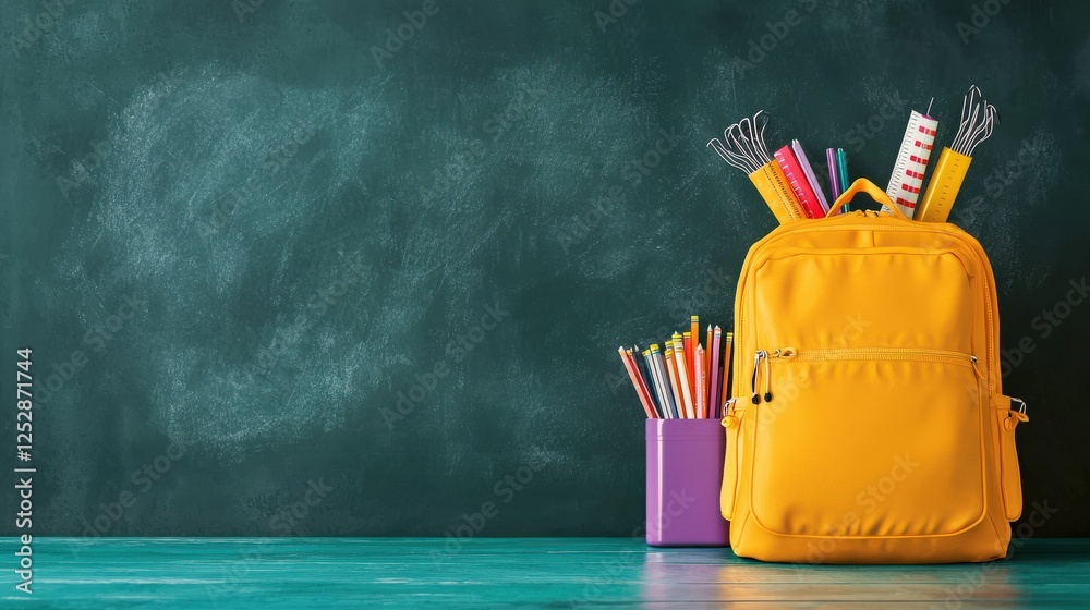Foto de Stock Organizing School Supplies in a Bright Yellow Backpack ...
