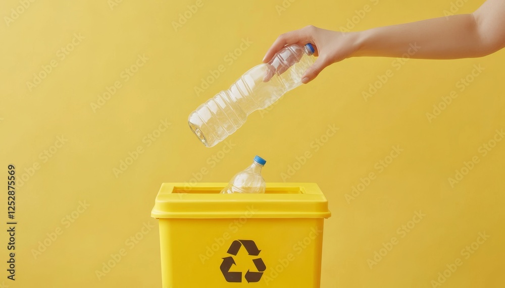 Foto de Stock hand putting a plastic bottle in yellow recycling bin ...
