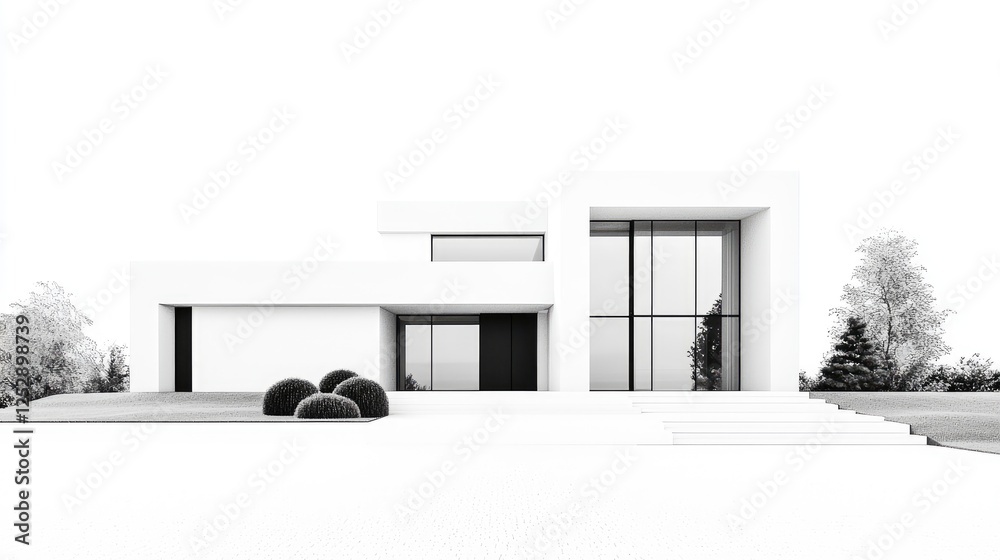 Stock-Illustration „Modern minimalist house exterior, white facade ...