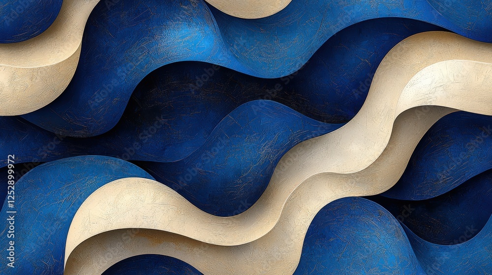 Featuring intertwining curvy lines in varying shades of blue and beige ...